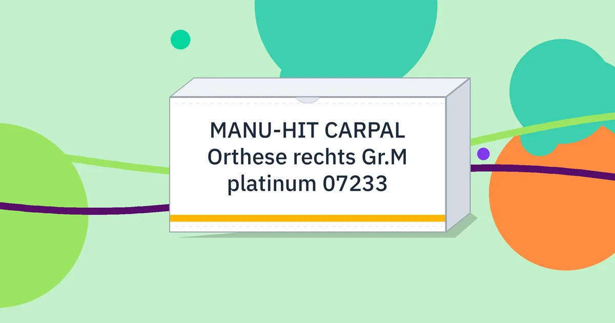 Symbolbild: Packung mit der Aufschrift MANU-HIT CARPAL Orthese rechts Gr.M platinum 07233 (PZN 16316797) – Verfügbarkeit und Bezug in Apotheken in Frankfurt am Main