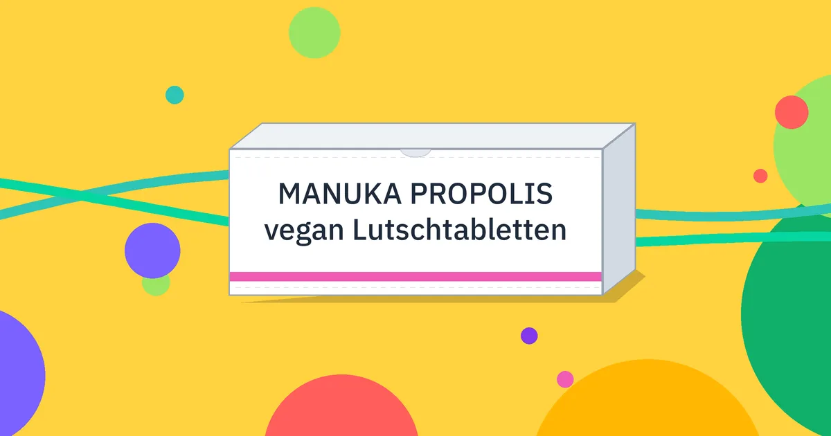 Symbolbild: Packung mit der Aufschrift MANUKA PROPOLIS vegan Lutschtabletten (PZN 18020262) – Verfügbarkeit und Bezug in Apotheken in Frankfurt am Main