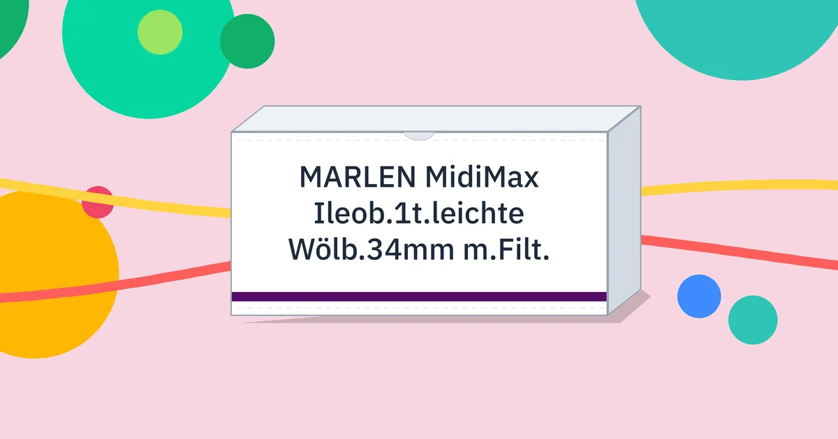 Symbolbild: Packung mit der Aufschrift MARLEN MidiMax Ileob.1t.leichte Wölb.34mm m.Filt. (PZN 16658210) – Verfügbarkeit und Bezug in Apotheken in Frankfurt am Main