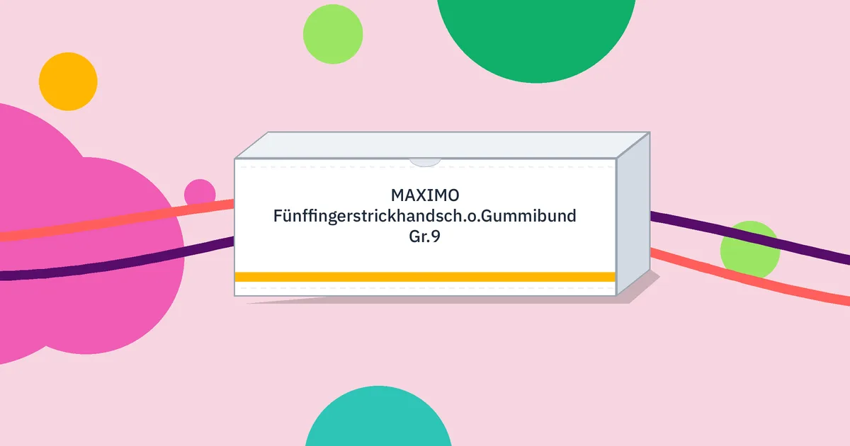 Symbolbild: Packung mit der Aufschrift MAXIMO Fünffingerstrickhandsch.o.Gummibund Gr.9 (PZN 14321297) – Verfügbarkeit und Bezug in Apotheken in Frankfurt am Main