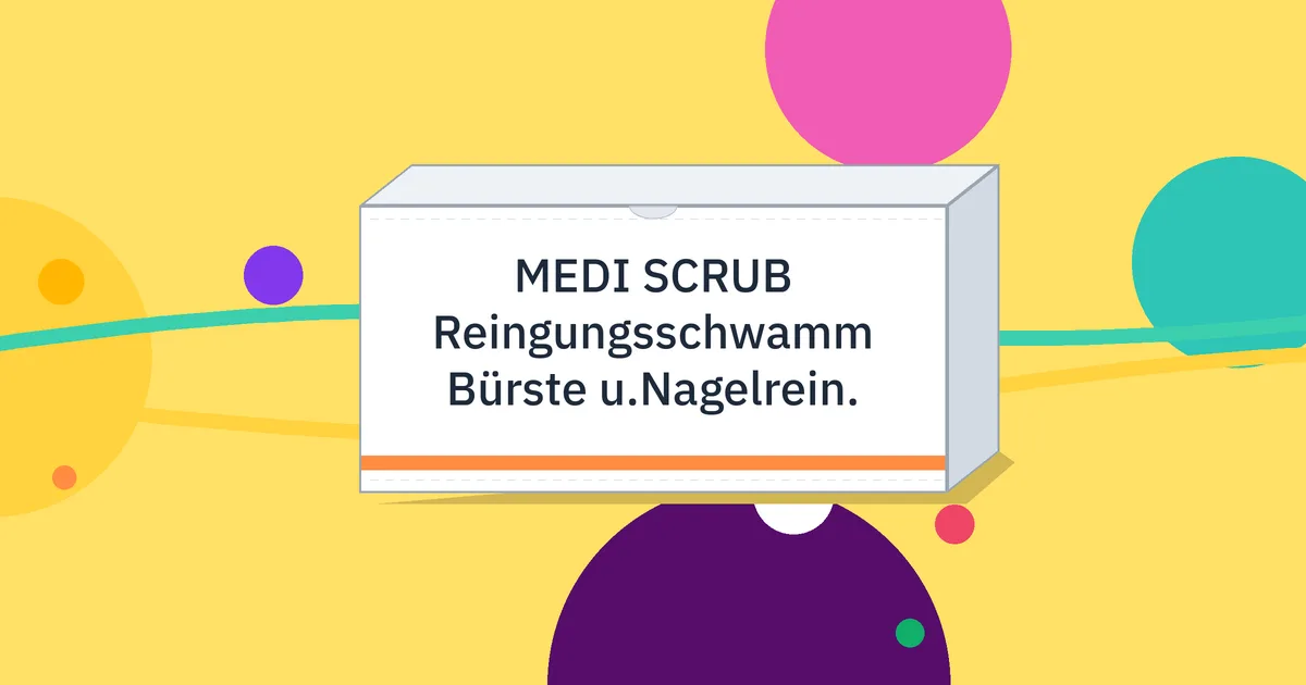 Symbolbild: Packung mit der Aufschrift MEDI SCRUB Reingungsschwamm Bürste u.Nagelrein. (PZN 09379018) – Verfügbarkeit und Bezug in Apotheken in Frankfurt am Main