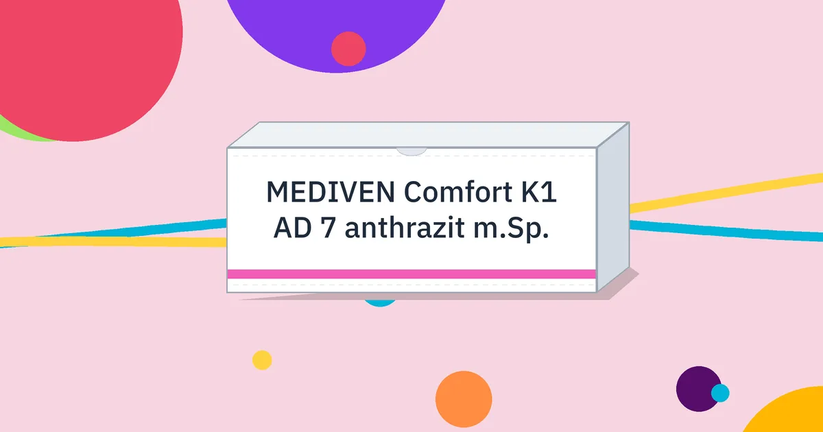 Symbolbild: Packung mit der Aufschrift MEDIVEN Comfort K1 AD 7 anthrazit m.Sp. (PZN 14558705) – Verfügbarkeit und Bezug in Apotheken in Frankfurt am Main