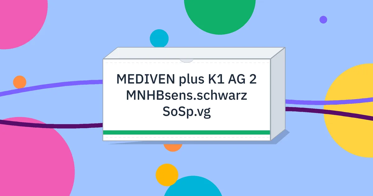 Symbolbild: Packung mit der Aufschrift MEDIVEN plus K1 AG 2 MNHBsens.schwarz SoSp.vg (PZN 16072622) – Verfügbarkeit und Bezug in Apotheken in Frankfurt am Main