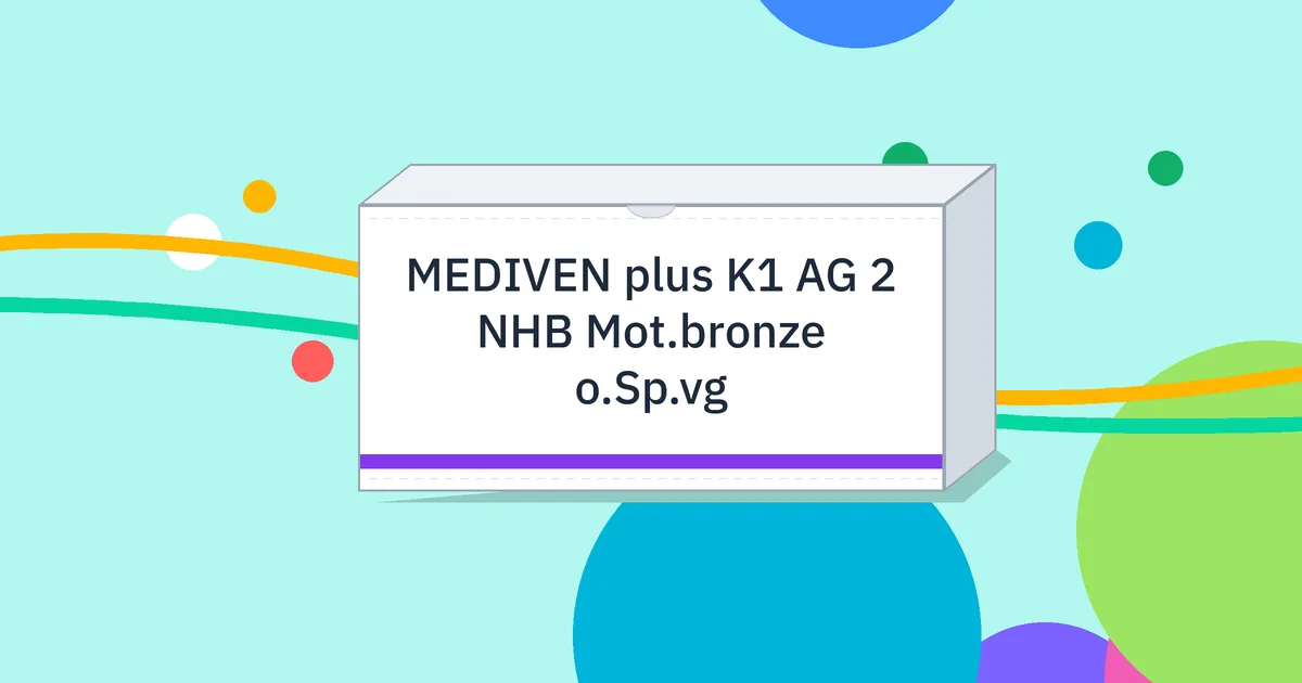 Symbolbild: Packung mit der Aufschrift MEDIVEN plus K1 AG 2 NHB Mot.bronze o.Sp.vg (PZN 15915857) – Verfügbarkeit und Bezug in Apotheken in Frankfurt am Main