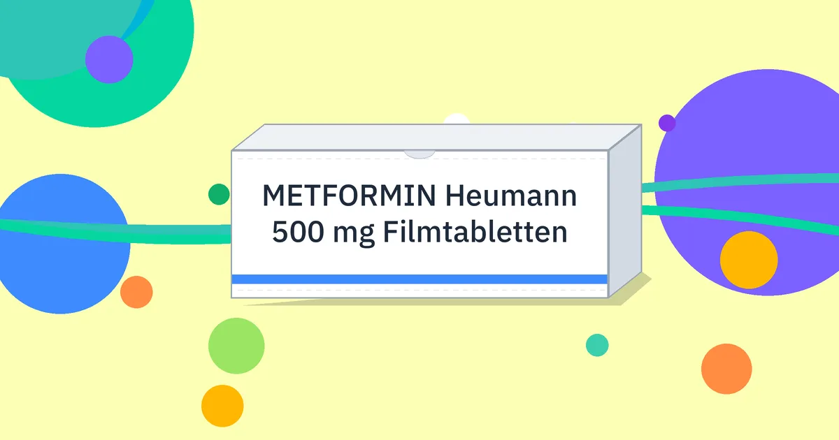 Symbolbild: Packung mit der Aufschrift METFORMIN Heumann 500 mg Filmtabletten (PZN 18400800) – Verfügbarkeit und Bezug in Apotheken in Frankfurt am Main