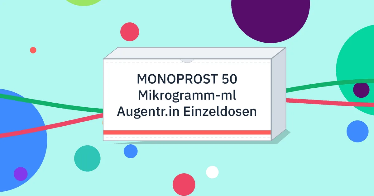 Symbolbild: Packung mit der Aufschrift MONOPROST 50 Mikrogramm-ml Augentr.in Einzeldosen (PZN 18723259) – Verfügbarkeit und Bezug in Apotheken in Frankfurt am Main