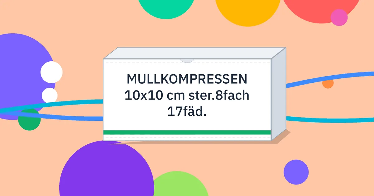 Symbolbild: Packung mit der Aufschrift MULLKOMPRESSEN 10x10 cm ster.8fach 17fäd. (PZN 06929493) – Verfügbarkeit und Bezug in Apotheken in Frankfurt am Main