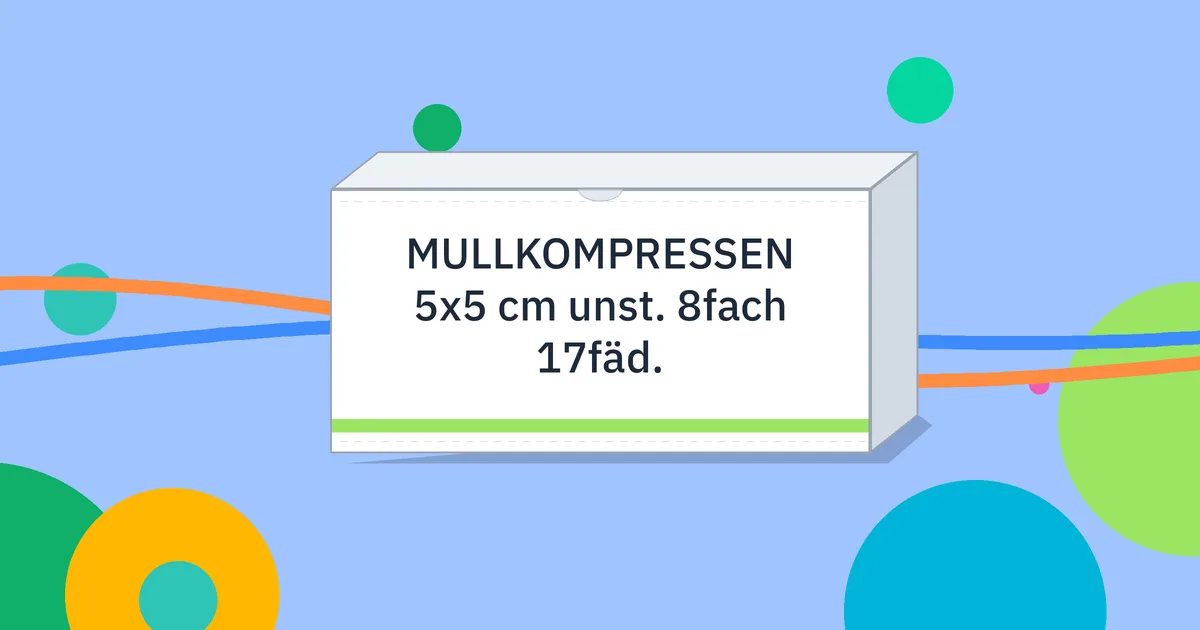 Symbolbild: Packung mit der Aufschrift MULLKOMPRESSEN 5x5 cm unst. 8fach 17fäd. (PZN 06928499) – Verfügbarkeit und Bezug in Apotheken in Frankfurt am Main