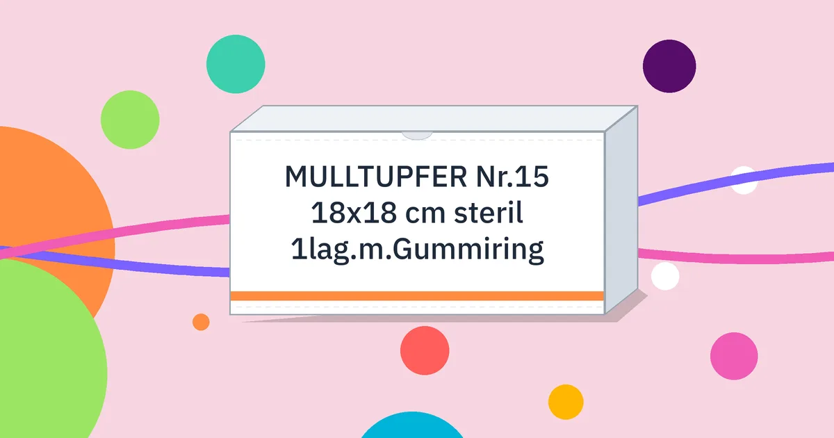 Symbolbild: Packung mit der Aufschrift MULLTUPFER Nr.15 18x18 cm steril 1lag.m.Gummiring (PZN 14266753) – Verfügbarkeit und Bezug in Apotheken in Frankfurt am Main
