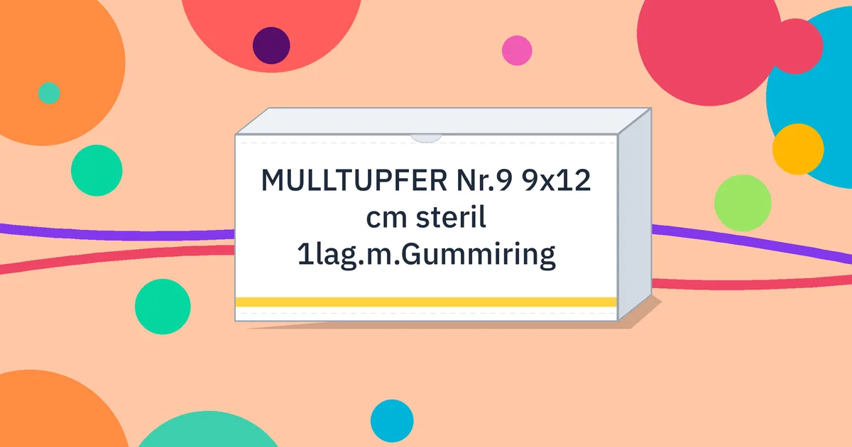 Symbolbild: Packung mit der Aufschrift MULLTUPFER Nr.9 9x12 cm steril 1lag.m.Gummiring (PZN 14266664) – Verfügbarkeit und Bezug in Apotheken in Frankfurt am Main