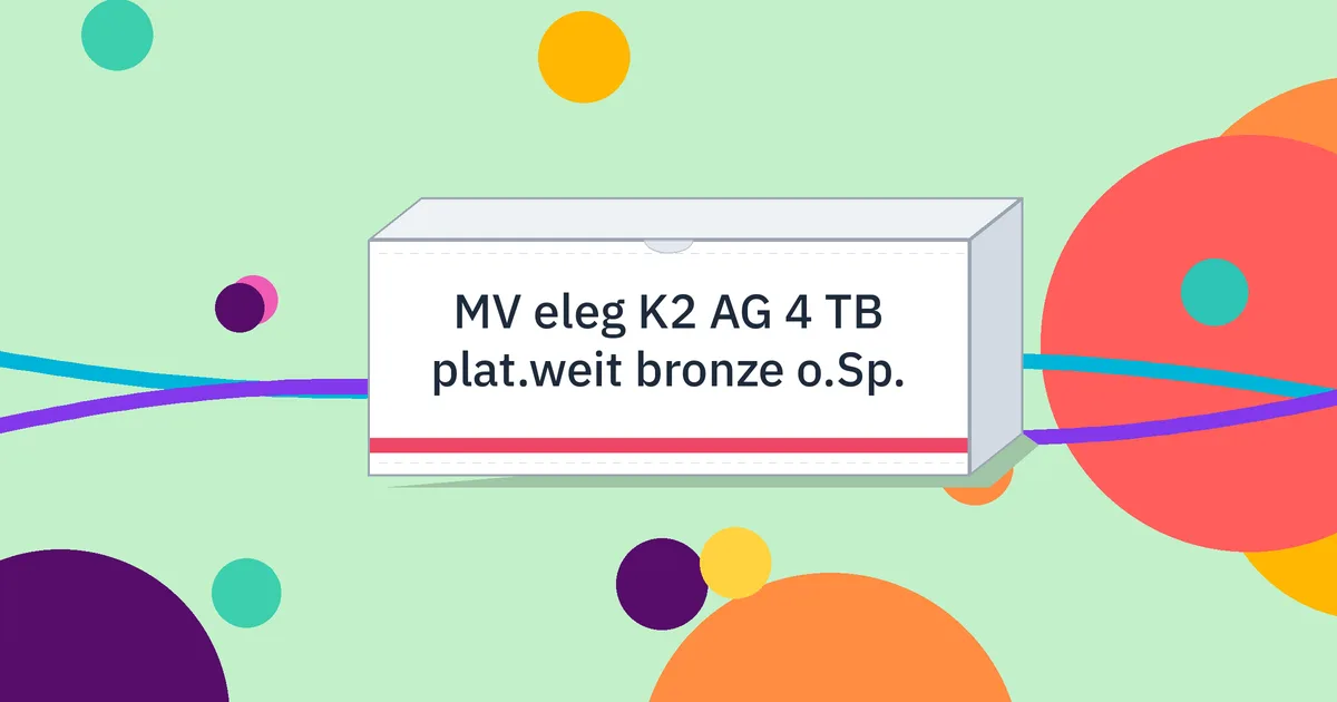 Symbolbild: Packung mit der Aufschrift MV eleg K2 AG 4 TB plat.weit bronze o.Sp. (PZN 14718244) – Verfügbarkeit und Bezug in Apotheken in Frankfurt am Main