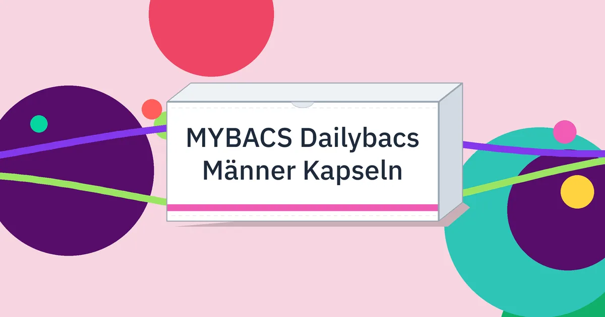 Symbolbild: Packung mit der Aufschrift MYBACS Dailybacs Männer Kapseln (PZN 17883340) – Verfügbarkeit und Bezug in Apotheken in Frankfurt am Main