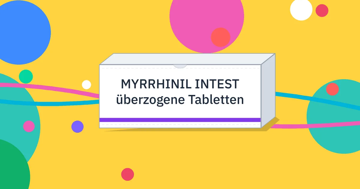 Symbolbild: Packung mit der Aufschrift MYRRHINIL INTEST überzogene Tabletten (PZN 00697343) – Verfügbarkeit und Bezug in Apotheken in Frankfurt am Main