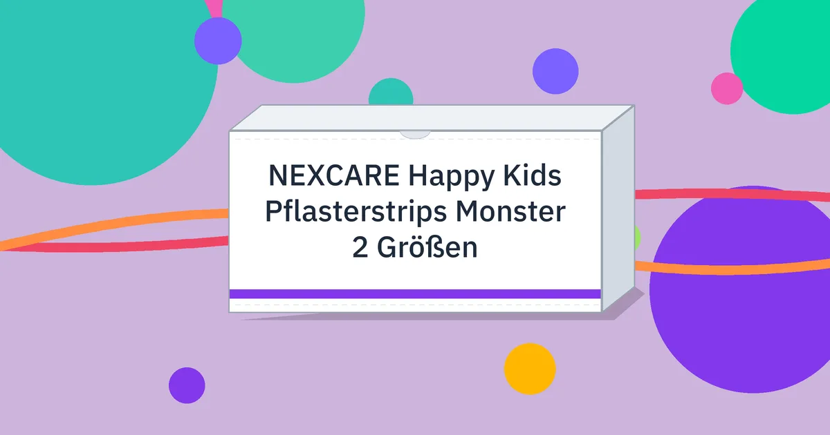 Symbolbild: Packung mit der Aufschrift NEXCARE Happy Kids Pflasterstrips Monster 2 Größen (PZN 16319169) – Verfügbarkeit und Bezug in Apotheken in Frankfurt am Main