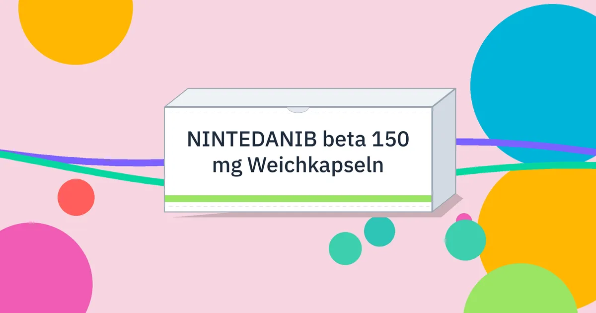Symbolbild: Packung mit der Aufschrift NINTEDANIB beta 150 mg Weichkapseln (PZN 19961475) – Verfügbarkeit und Bezug in Apotheken in Frankfurt am Main