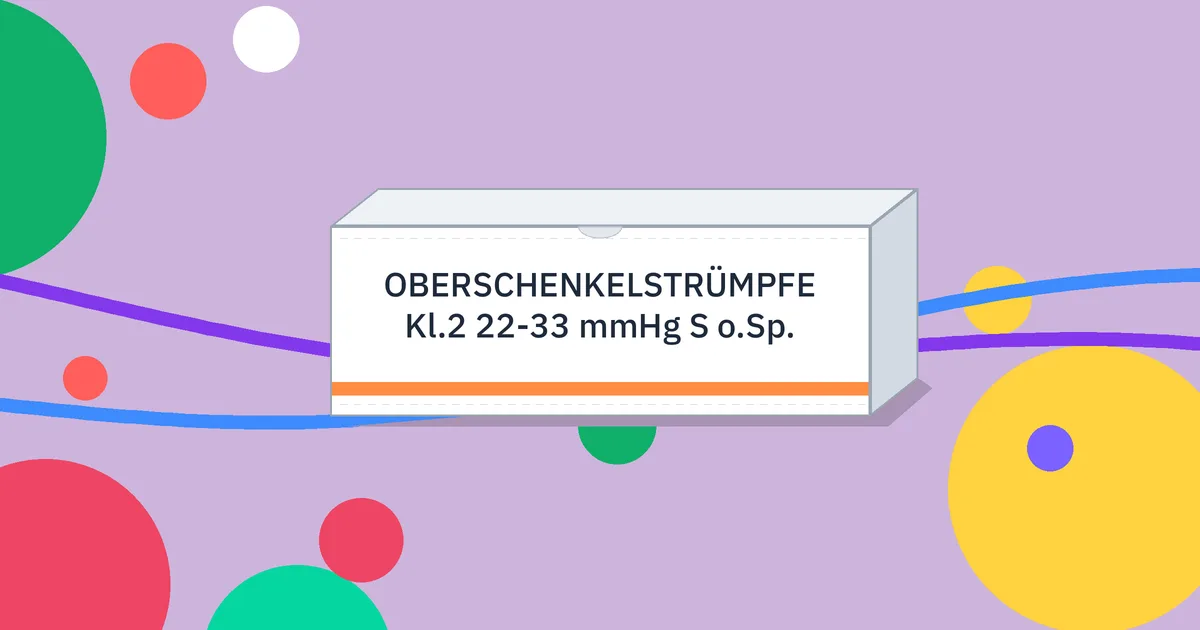 Symbolbild: Packung mit der Aufschrift OBERSCHENKELSTRÜMPFE Kl.2 22-33 mmHg S o.Sp. (PZN 19072568) – Verfügbarkeit und Bezug in Apotheken in Frankfurt am Main