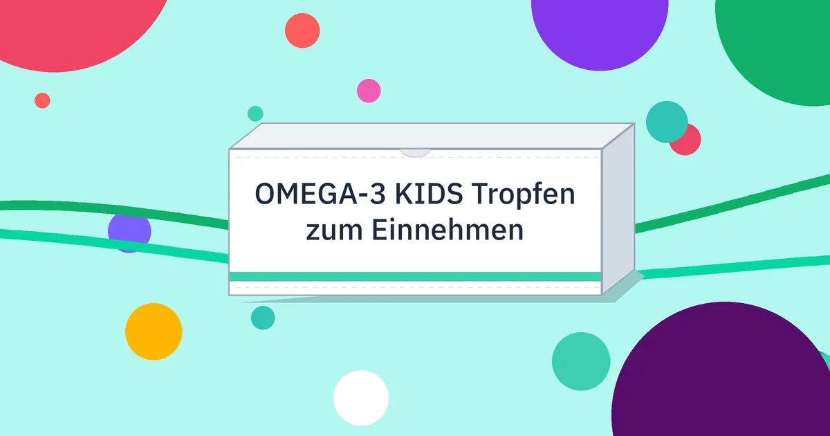 Symbolbild: Packung mit der Aufschrift OMEGA-3 KIDS Tropfen zum Einnehmen (PZN 19551228) – Verfügbarkeit und Bezug in Apotheken in Frankfurt am Main