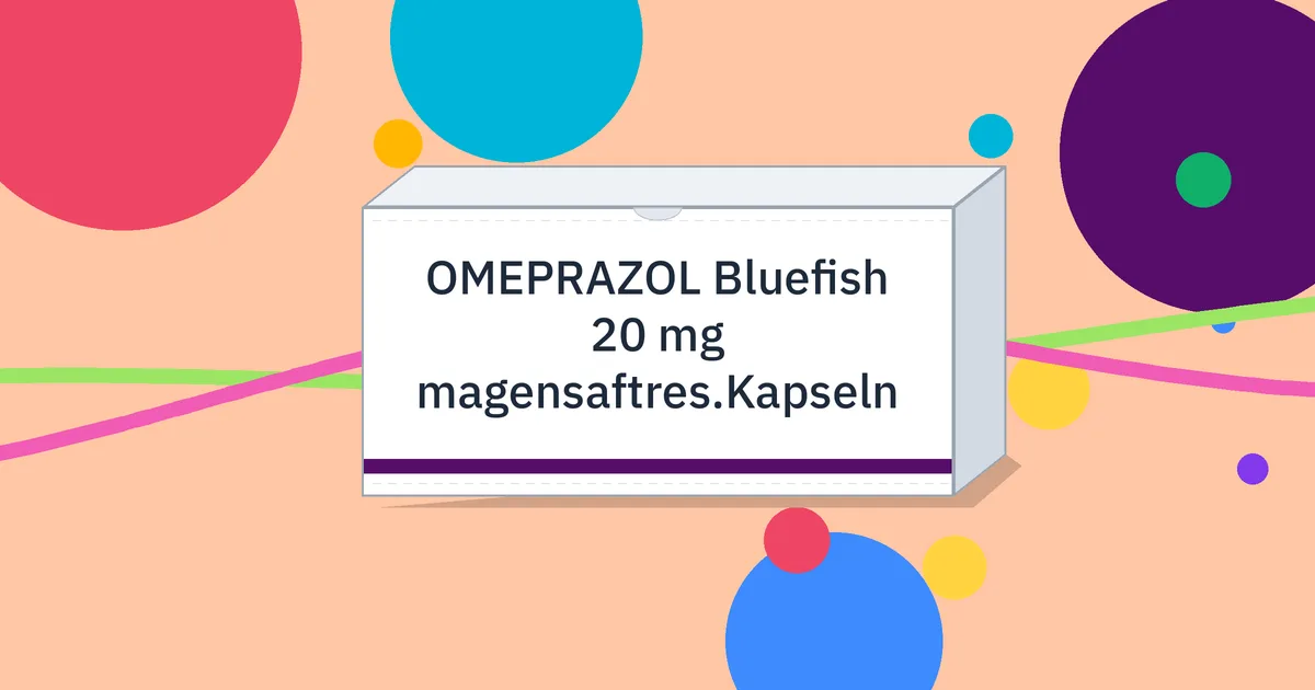 Symbolbild: Packung mit der Aufschrift OMEPRAZOL Bluefish 20 mg magensaftres.Kapseln (PZN 06880858) – Verfügbarkeit und Bezug in Apotheken in Frankfurt am Main