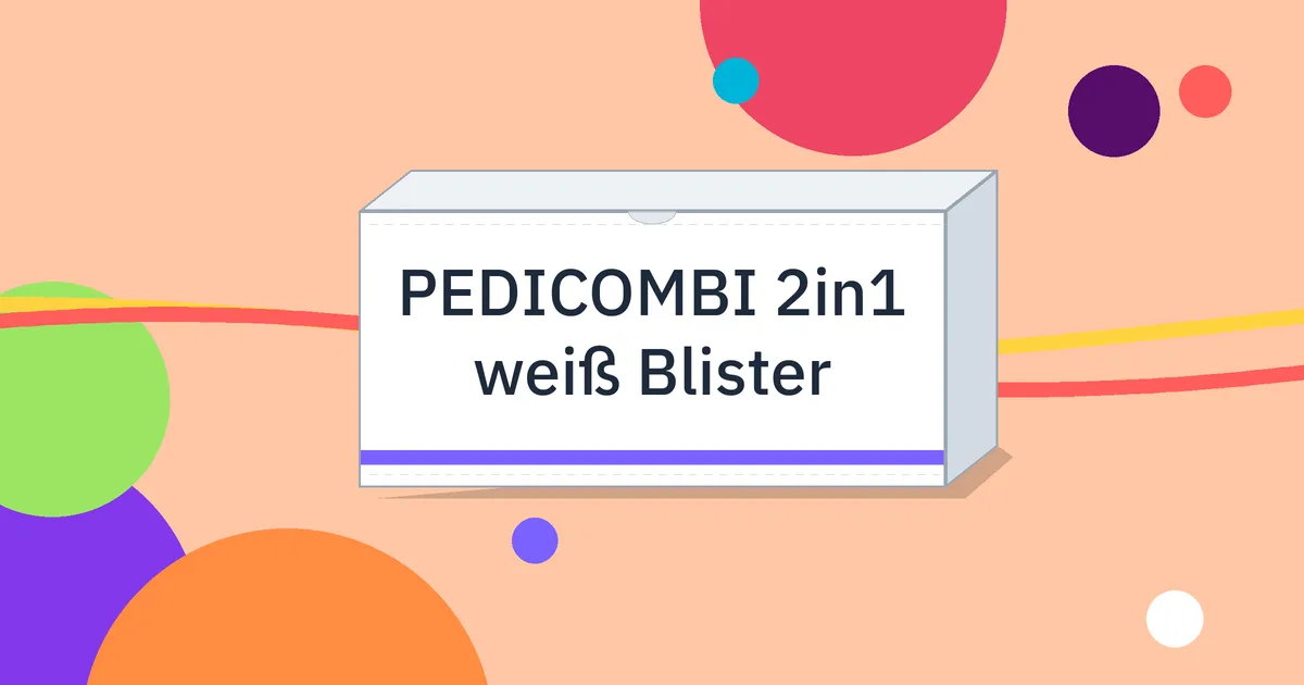 Symbolbild: Packung mit der Aufschrift PEDICOMBI 2in1 weiß Blister (PZN 01600794) – Verfügbarkeit und Bezug in Apotheken in Frankfurt am Main