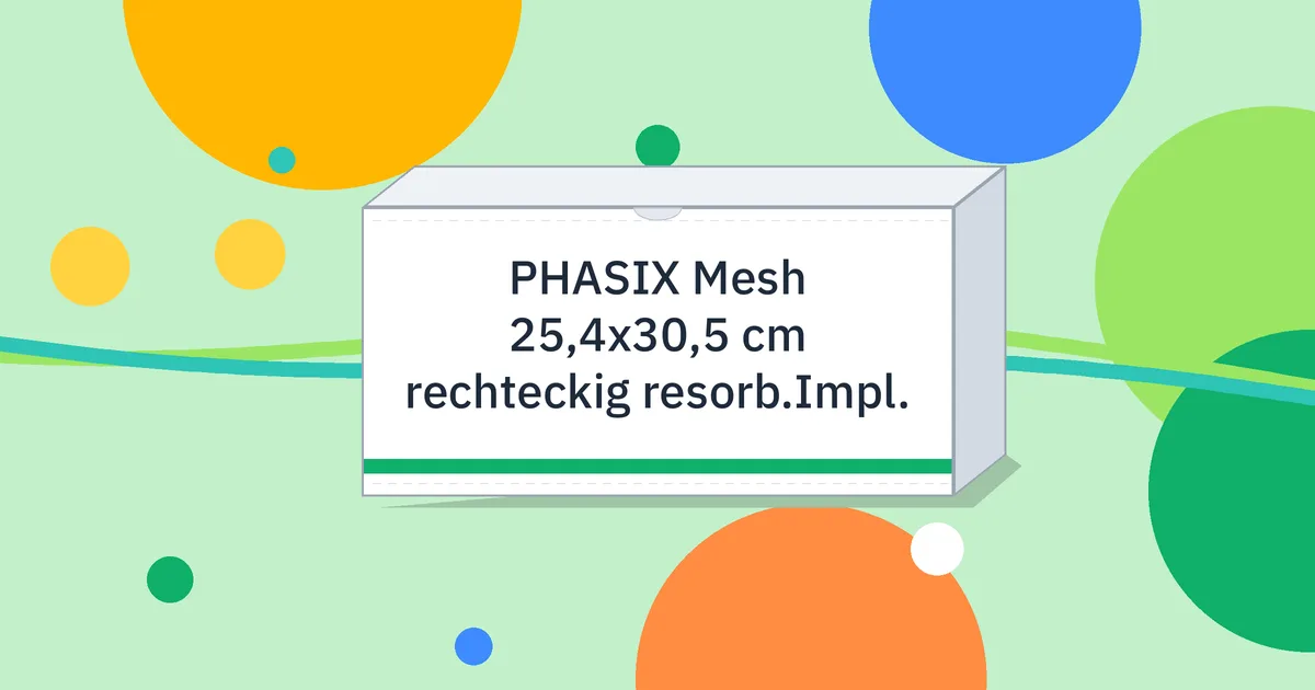 Symbolbild: Packung mit der Aufschrift PHASIX Mesh 25,4x30,5 cm rechteckig resorb.Impl. (PZN 11228284) – Verfügbarkeit und Bezug in Apotheken in Frankfurt am Main