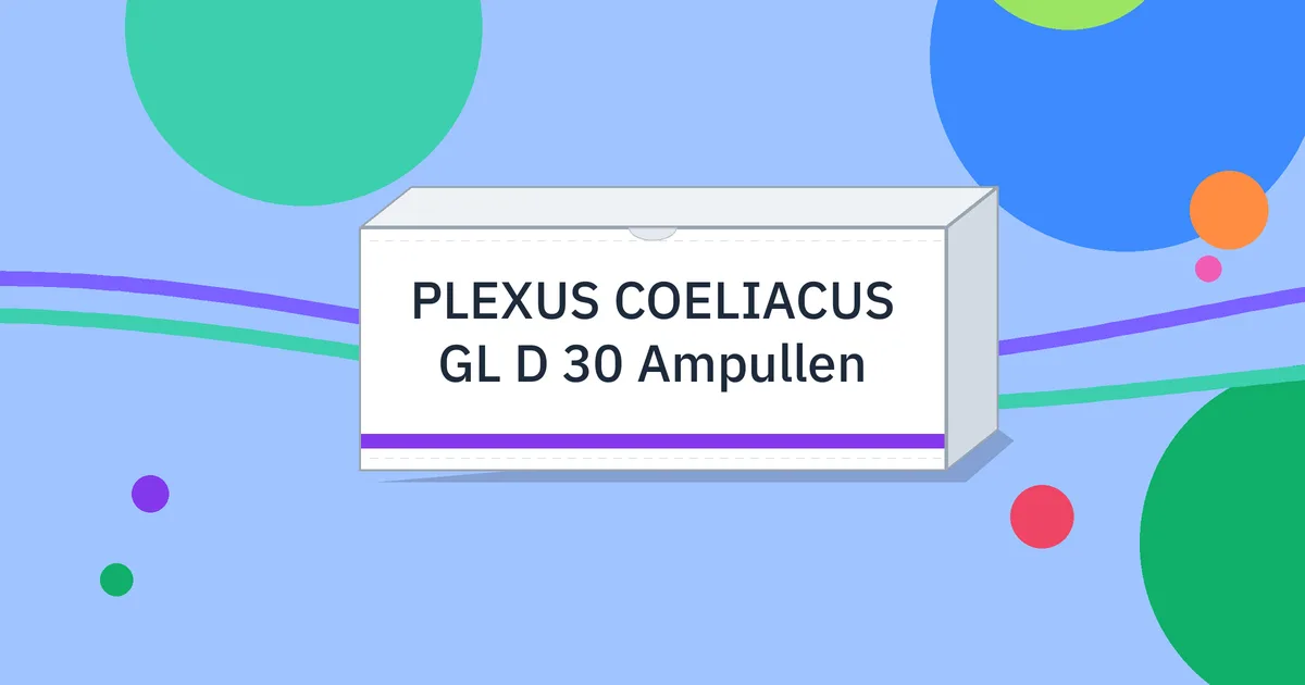 Symbolbild: Packung mit der Aufschrift PLEXUS COELIACUS GL D 30 Ampullen (PZN 02949866) – Verfügbarkeit und Bezug in Apotheken in Frankfurt am Main