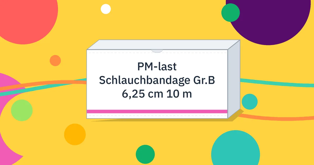 Symbolbild: Packung mit der Aufschrift PM-last Schlauchbandage Gr.B 6,25 cm 10 m (PZN 18845896) – Verfügbarkeit und Bezug in Apotheken in Frankfurt am Main