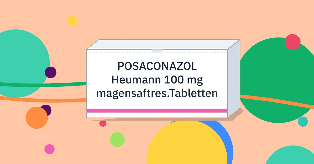 Symbolbild: Packung mit der Aufschrift POSACONAZOL Heumann 100 mg magensaftres.Tabletten (PZN 15233477) – Verfügbarkeit und Bezug in Apotheken in Frankfurt am Main