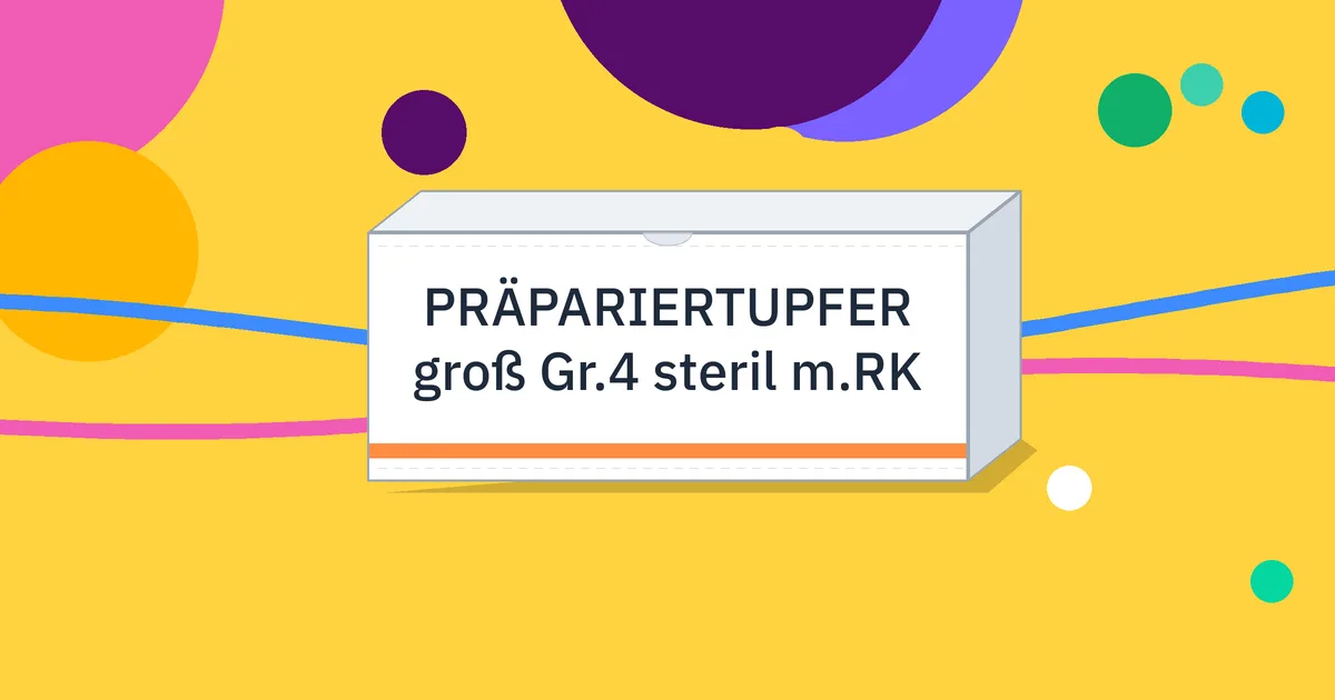 Symbolbild: Packung mit der Aufschrift PRÄPARIERTUPFER groß Gr.4 steril m.RK (PZN 01403846) – Verfügbarkeit und Bezug in Apotheken in Frankfurt am Main