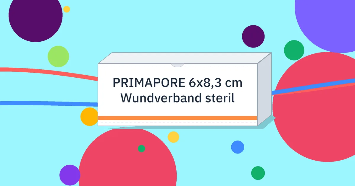 Symbolbild: Packung mit der Aufschrift PRIMAPORE 6x8,3 cm Wundverband steril (PZN 19158755) – Verfügbarkeit und Bezug in Apotheken in Frankfurt am Main