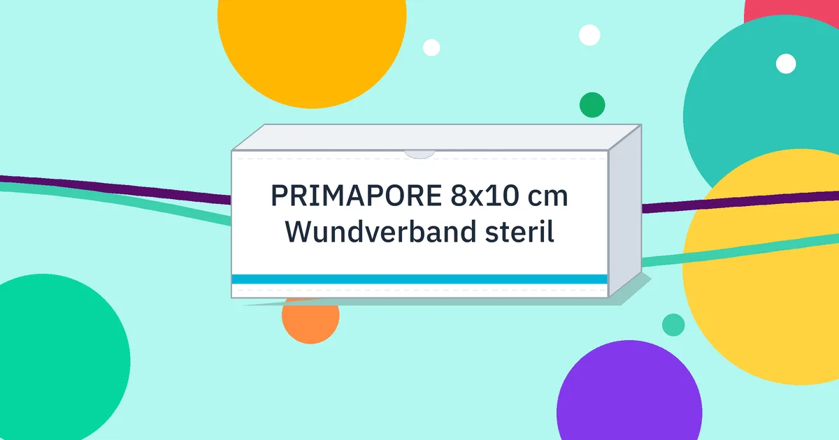 Symbolbild: Packung mit der Aufschrift PRIMAPORE 8x10 cm Wundverband steril (PZN 14329608) – Verfügbarkeit und Bezug in Apotheken in Frankfurt am Main