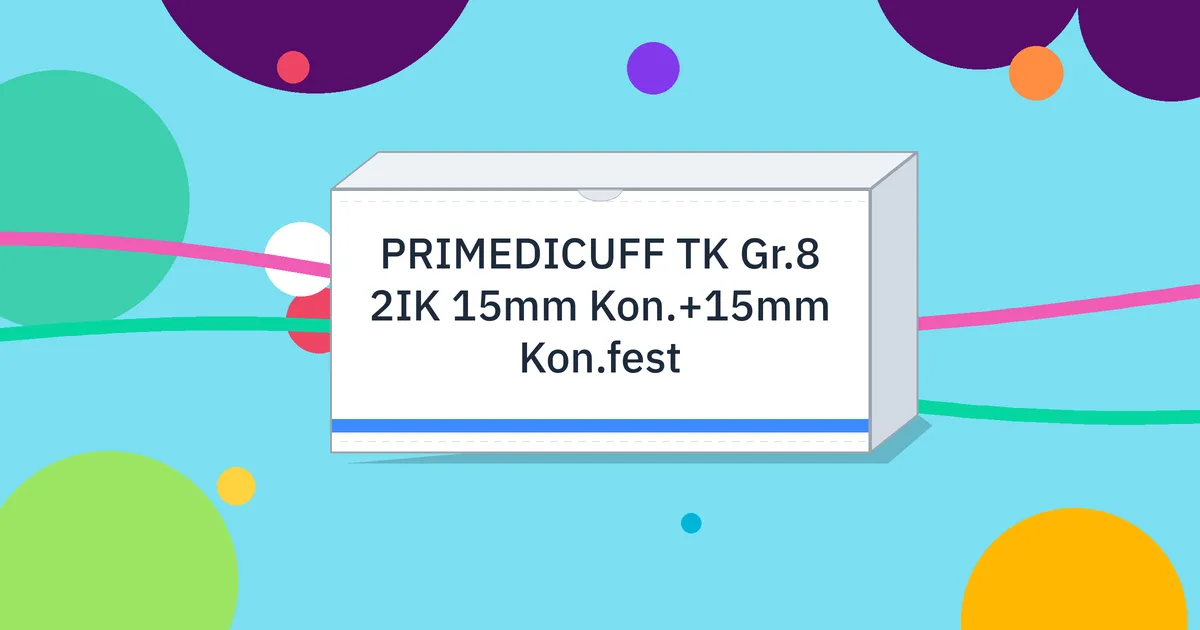 Symbolbild: Packung mit der Aufschrift PRIMEDICUFF TK Gr.8 2IK 15mm Kon.+15mm Kon.fest (PZN 10282436) – Verfügbarkeit und Bezug in Apotheken in Frankfurt am Main
