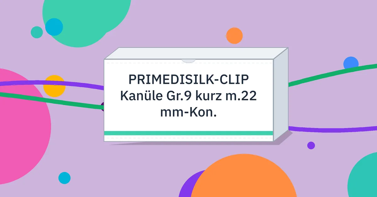 Symbolbild: Packung mit der Aufschrift PRIMEDISILK-CLIP Kanüle Gr.9 kurz m.22 mm-Kon. (PZN 10780826) – Verfügbarkeit und Bezug in Apotheken in Frankfurt am Main