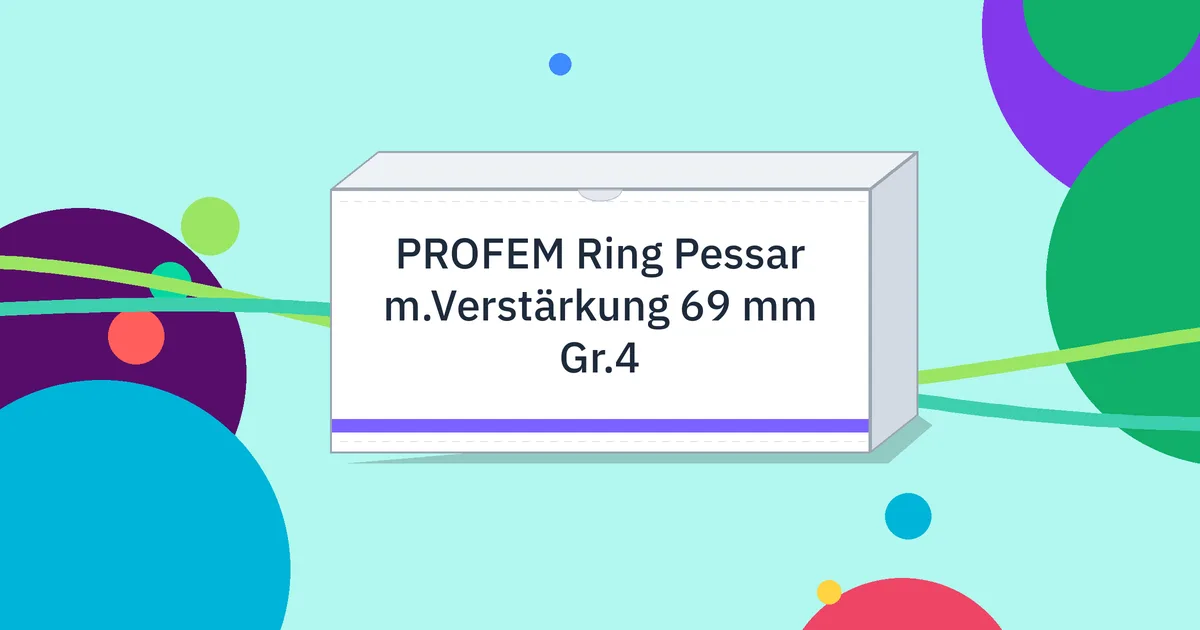 Symbolbild: Packung mit der Aufschrift PROFEM Ring Pessar m.Verstärkung 69 mm Gr.4 (PZN 11672435) – Verfügbarkeit und Bezug in Apotheken in Frankfurt am Main