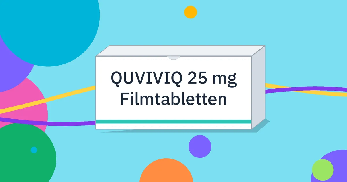Symbolbild: Packung mit der Aufschrift QUVIVIQ 25 mg Filmtabletten (PZN 19135300) – Verfügbarkeit und Bezug in Apotheken in Frankfurt am Main