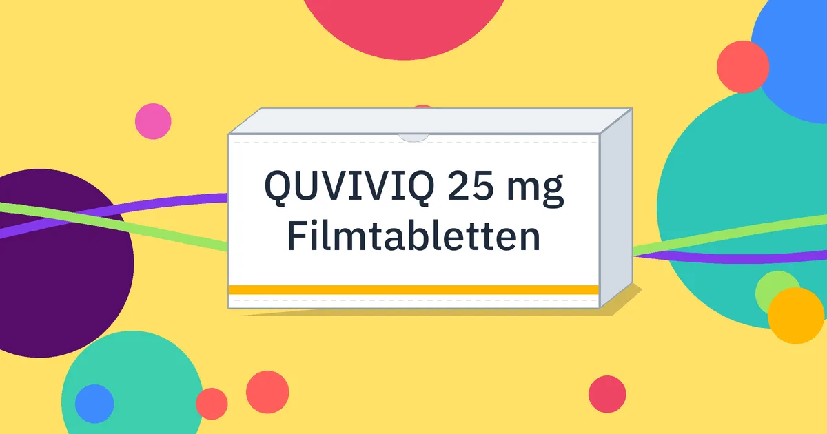 Symbolbild: Packung mit der Aufschrift QUVIVIQ 25 mg Filmtabletten (PZN 19944270) – Verfügbarkeit und Bezug in Apotheken in Frankfurt am Main