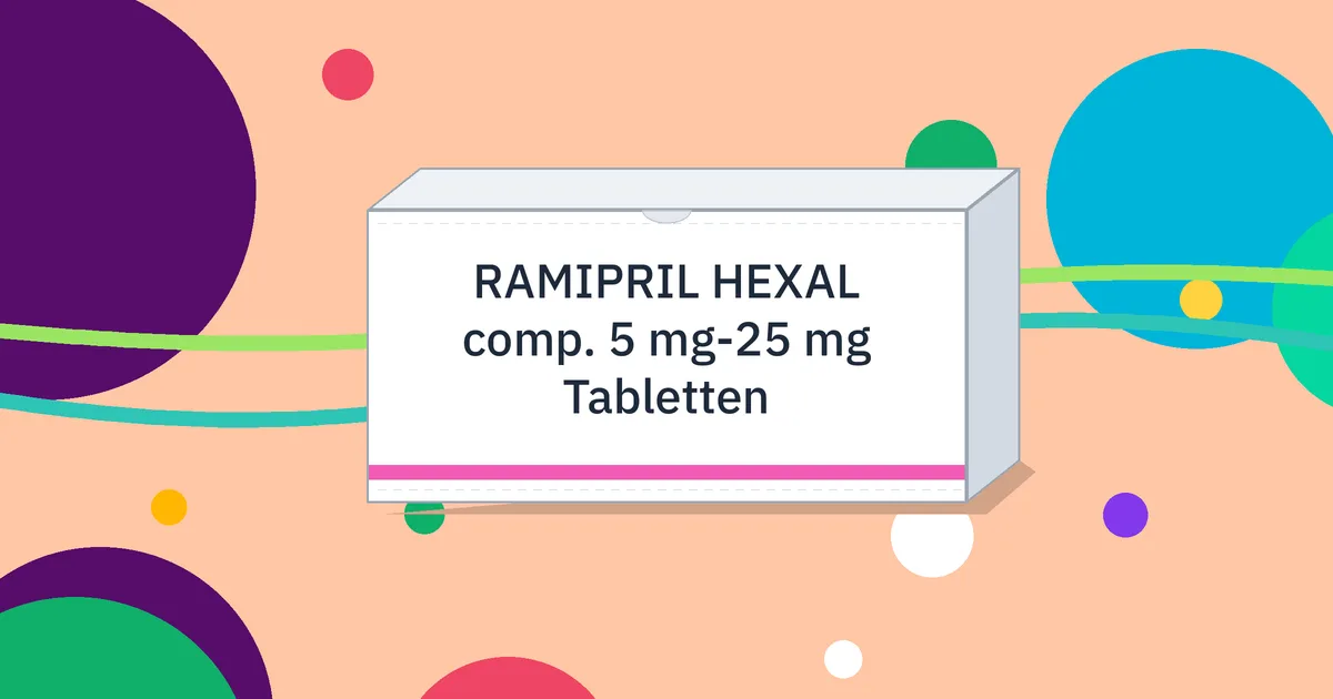 Symbolbild: Packung mit der Aufschrift RAMIPRIL HEXAL comp. 5 mg-25 mg Tabletten (PZN 00762678) – Verfügbarkeit und Bezug in Apotheken in Frankfurt am Main