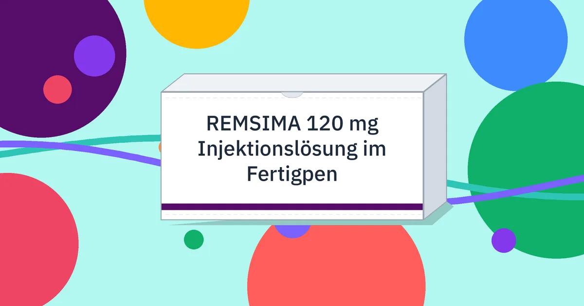 Symbolbild: Packung mit der Aufschrift REMSIMA 120 mg Injektionslösung im Fertigpen (PZN 19108906) – Verfügbarkeit und Bezug in Apotheken in Frankfurt am Main