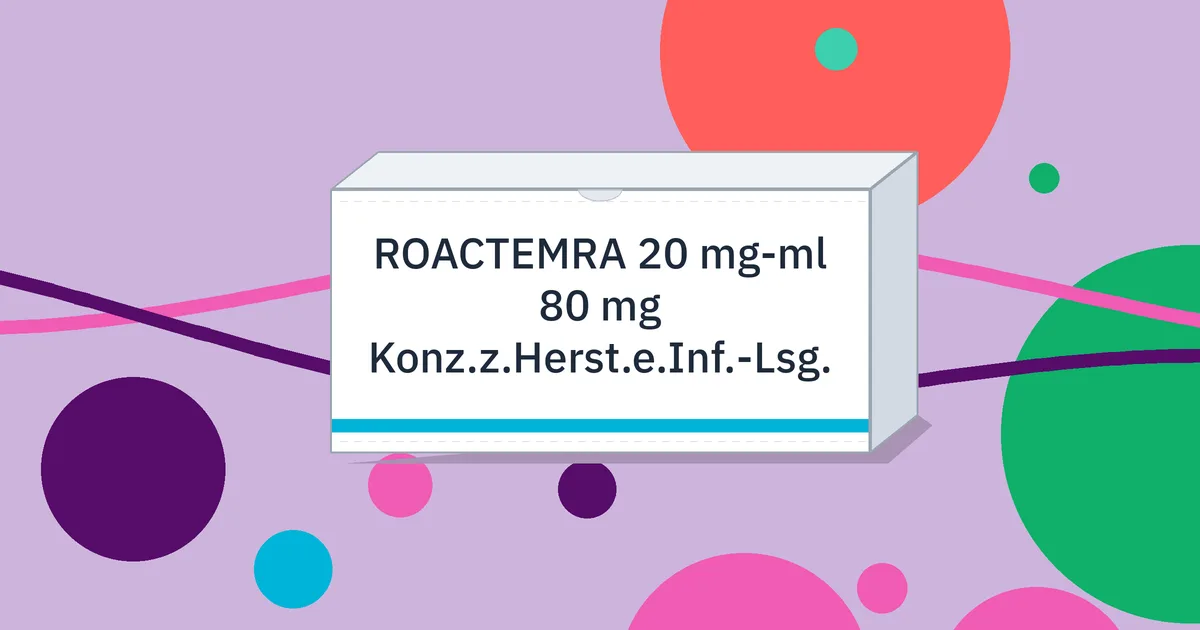 Symbolbild: Packung mit der Aufschrift ROACTEMRA 20 mg-ml 80 mg Konz.z.Herst.e.Inf.-Lsg. (PZN 18491949) – Verfügbarkeit und Bezug in Apotheken in Frankfurt am Main