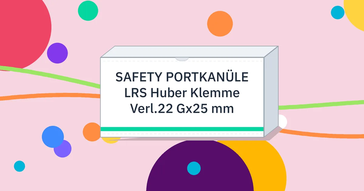 Symbolbild: Packung mit der Aufschrift SAFETY PORTKANÜLE LRS Huber Klemme Verl.22 Gx25 mm (PZN 16661962) – Verfügbarkeit und Bezug in Apotheken in Frankfurt am Main