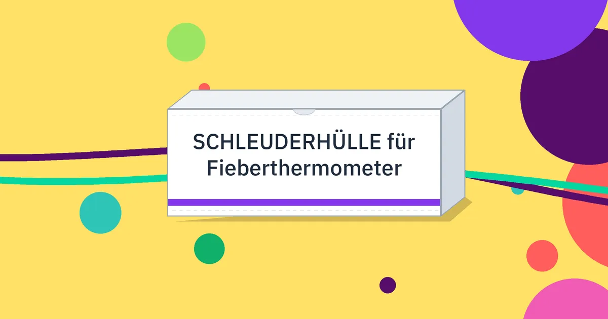 Symbolbild: Packung mit der Aufschrift SCHLEUDERHÜLLE für Fieberthermometer (PZN 03017389) – Verfügbarkeit und Bezug in Apotheken in Frankfurt am Main