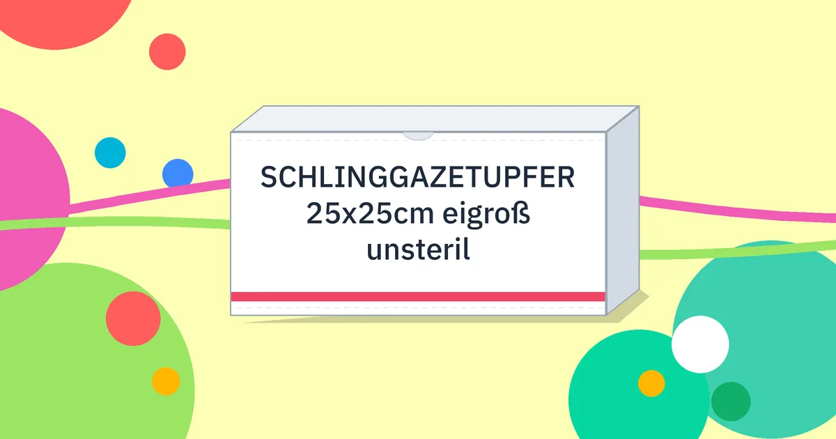 Symbolbild: Packung mit der Aufschrift SCHLINGGAZETUPFER 25x25cm eigroß unsteril (PZN 00430870) – Verfügbarkeit und Bezug in Apotheken in Frankfurt am Main
