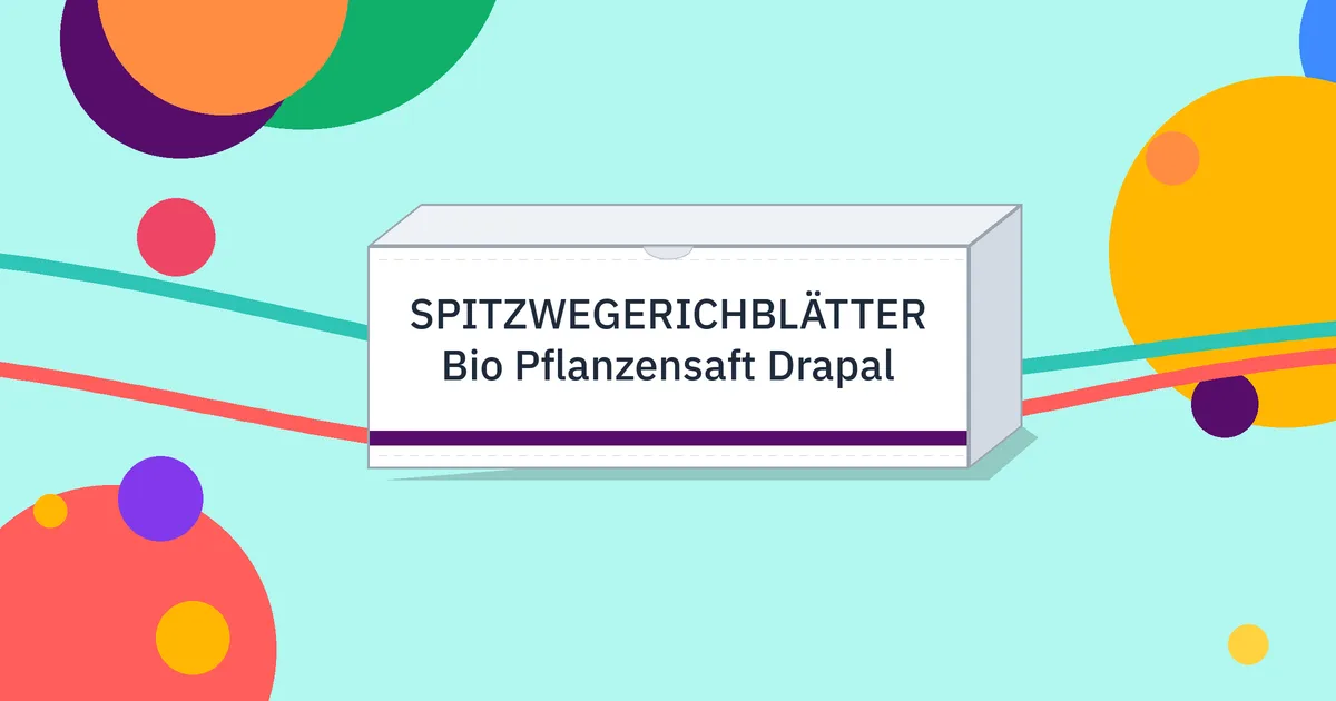 Symbolbild: Packung mit der Aufschrift SPITZWEGERICHBLÄTTER Bio Pflanzensaft Drapal (PZN 09669302) – Verfügbarkeit und Bezug in Apotheken in Frankfurt am Main