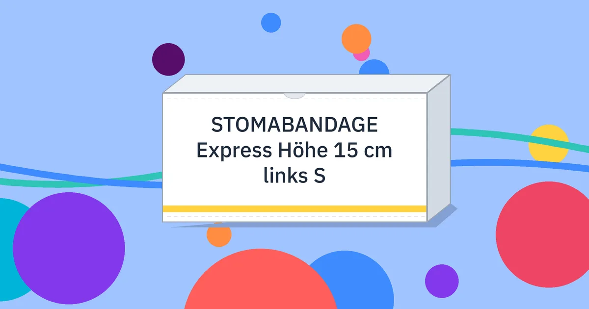 Symbolbild: Packung mit der Aufschrift STOMABANDAGE Express Höhe 15 cm links S (PZN 16507818) – Verfügbarkeit und Bezug in Apotheken in Frankfurt am Main