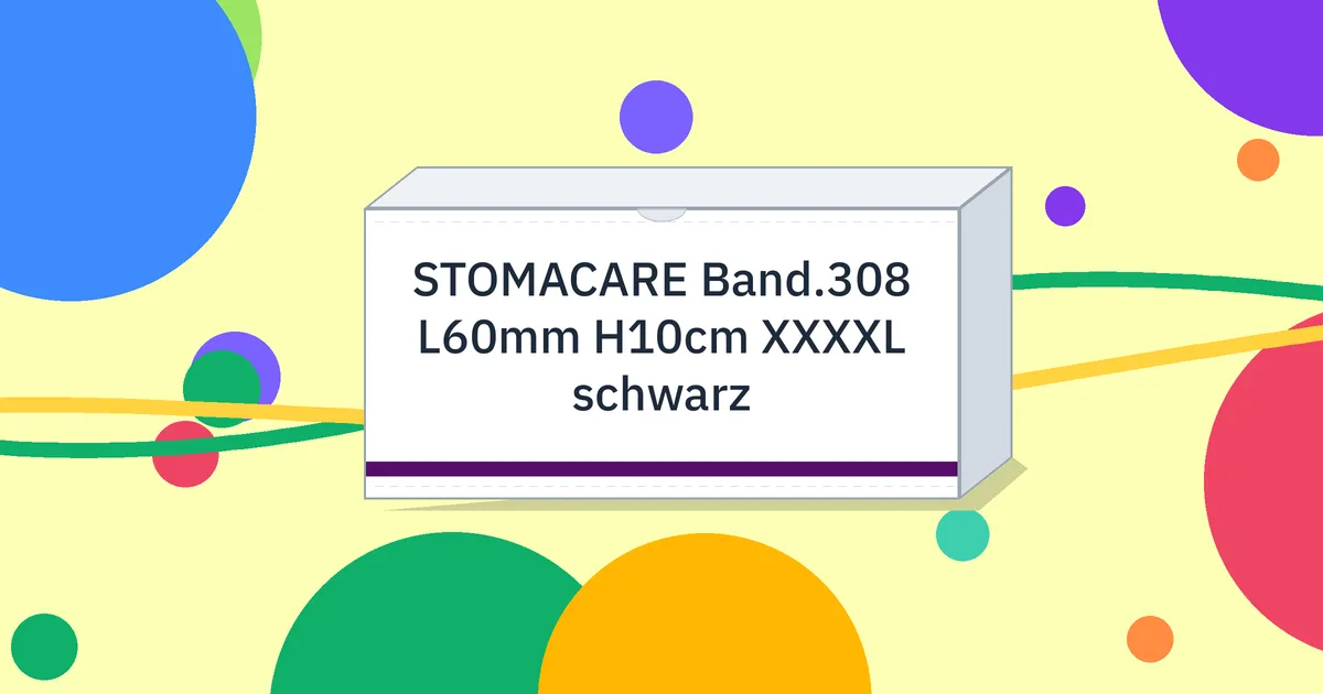 Symbolbild: Packung mit der Aufschrift STOMACARE Band.308 L60mm H10cm XXXXL schwarz (PZN 10841350) – Verfügbarkeit und Bezug in Apotheken in Frankfurt am Main