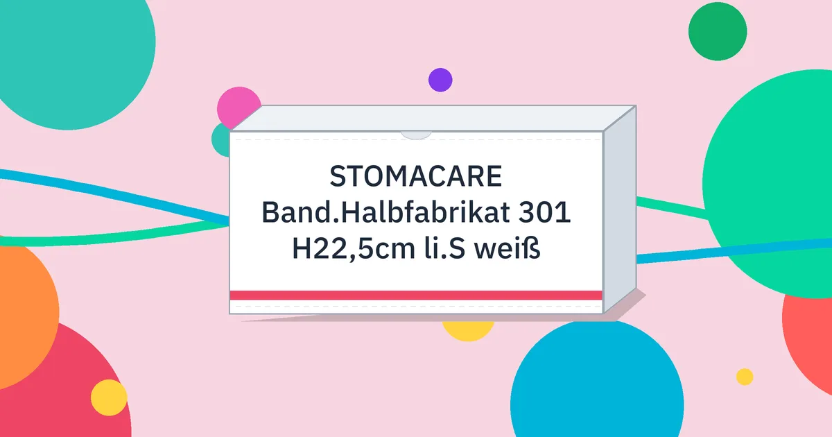Symbolbild: Packung mit der Aufschrift STOMACARE Band.Halbfabrikat 301 H22,5cm li.S weiß (PZN 09109170) – Verfügbarkeit und Bezug in Apotheken in Frankfurt am Main
