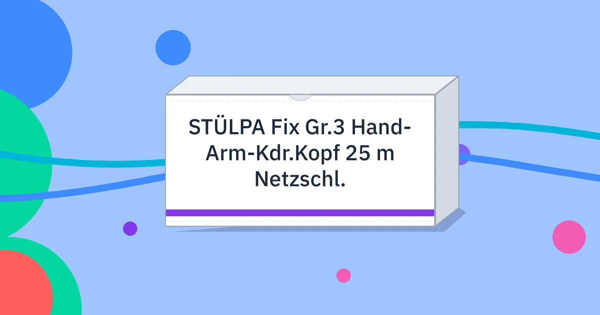 Symbolbild: Packung mit der Aufschrift STÜLPA Fix Gr.3 Hand-Arm-Kdr.Kopf 25 m Netzschl. (PZN 16829686) – Verfügbarkeit und Bezug in Apotheken in Frankfurt am Main
