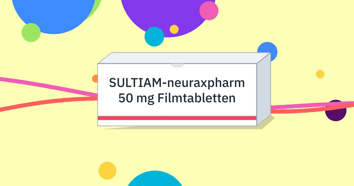 Symbolbild: Packung mit der Aufschrift SULTIAM-neuraxpharm 50 mg Filmtabletten (PZN 12547407) – Verfügbarkeit und Bezug in Apotheken in Frankfurt am Main