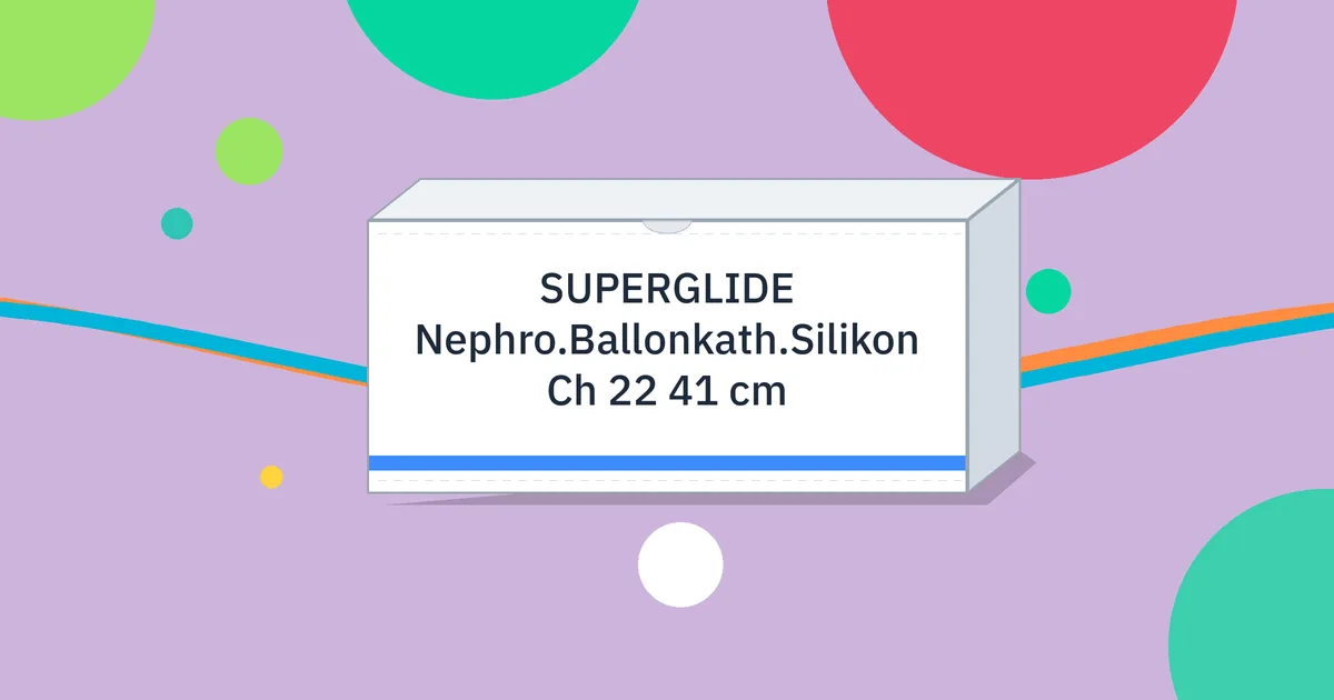 Symbolbild: Packung mit der Aufschrift SUPERGLIDE Nephro.Ballonkath.Silikon Ch 22 41 cm (PZN 05034699) – Verfügbarkeit und Bezug in Apotheken in Frankfurt am Main