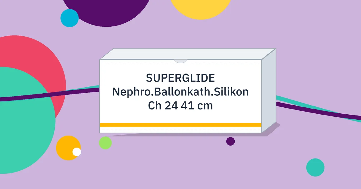 Symbolbild: Packung mit der Aufschrift SUPERGLIDE Nephro.Ballonkath.Silikon Ch 24 41 cm (PZN 05034819) – Verfügbarkeit und Bezug in Apotheken in Frankfurt am Main