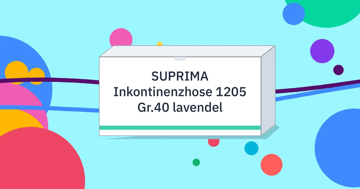 Symbolbild: Packung mit der Aufschrift SUPRIMA Inkontinenzhose 1205 Gr.40 lavendel (PZN 01634209) – Verfügbarkeit und Bezug in Apotheken in Frankfurt am Main